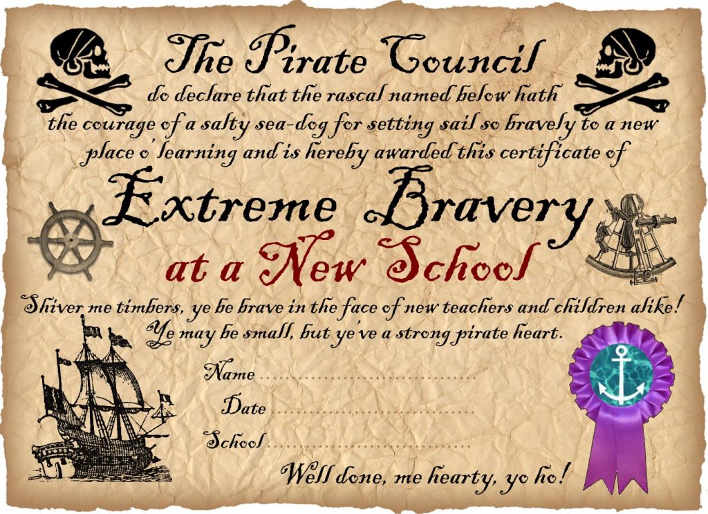 Pirate Certificate: Award for Bravery in Starting a New School ...