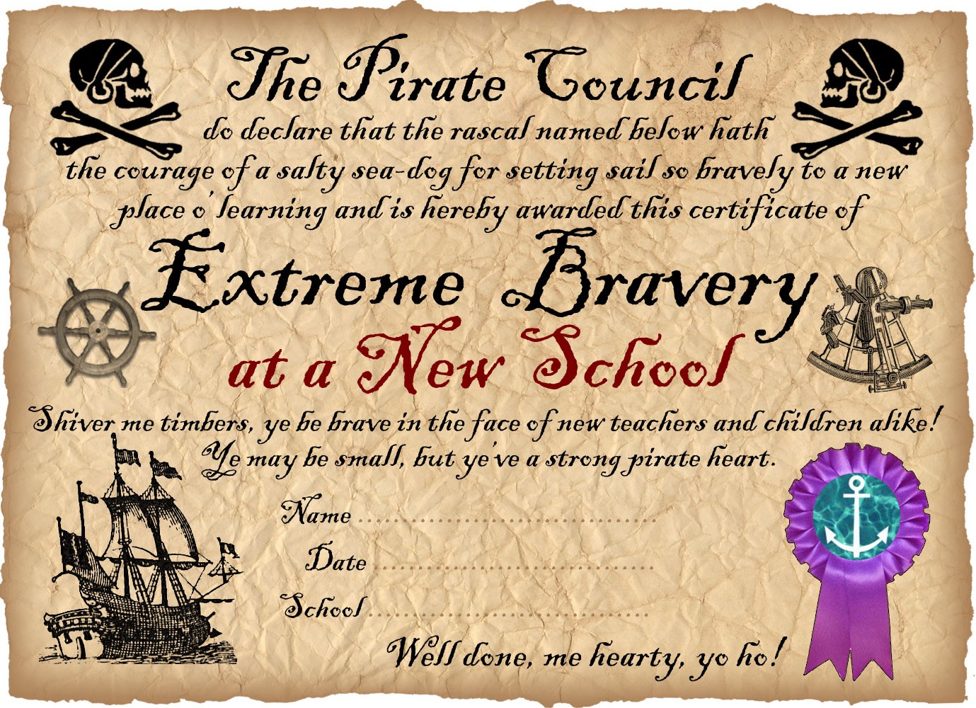 Pirate Certificate: Award for Bravery in Starting a New School ...