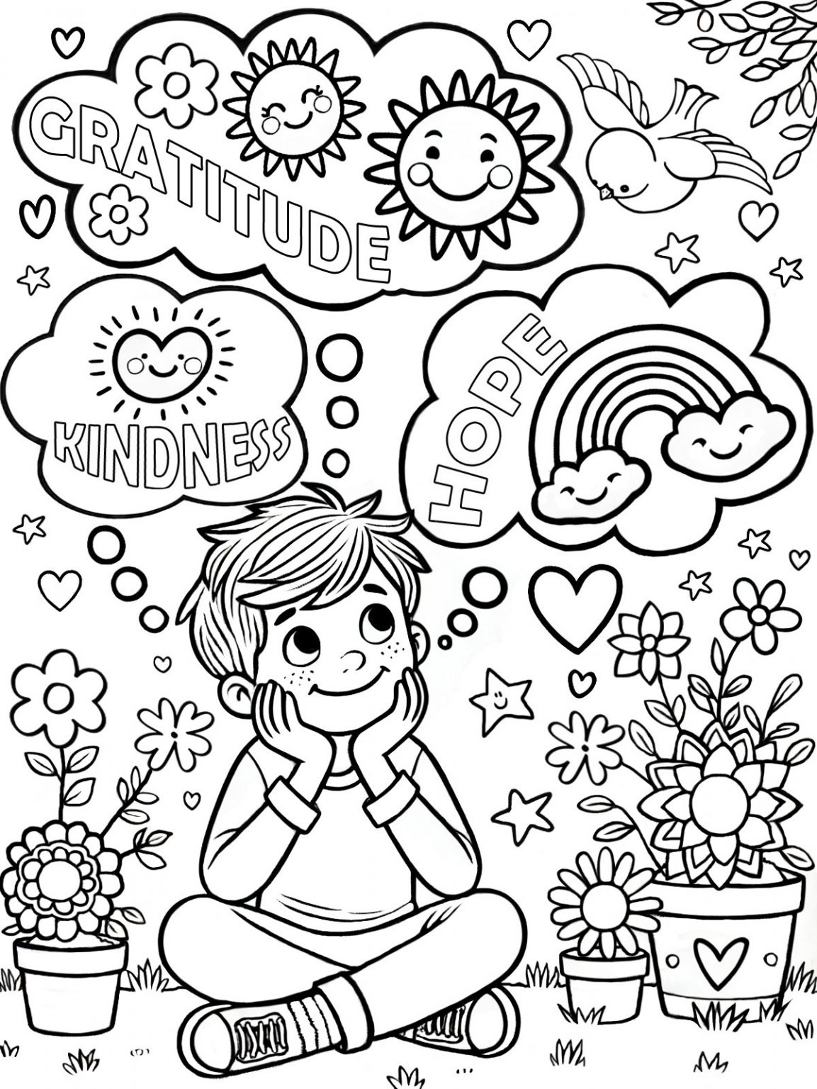 Children’s Mental Health Colouring Page – Positive Thoughts (Boy ...